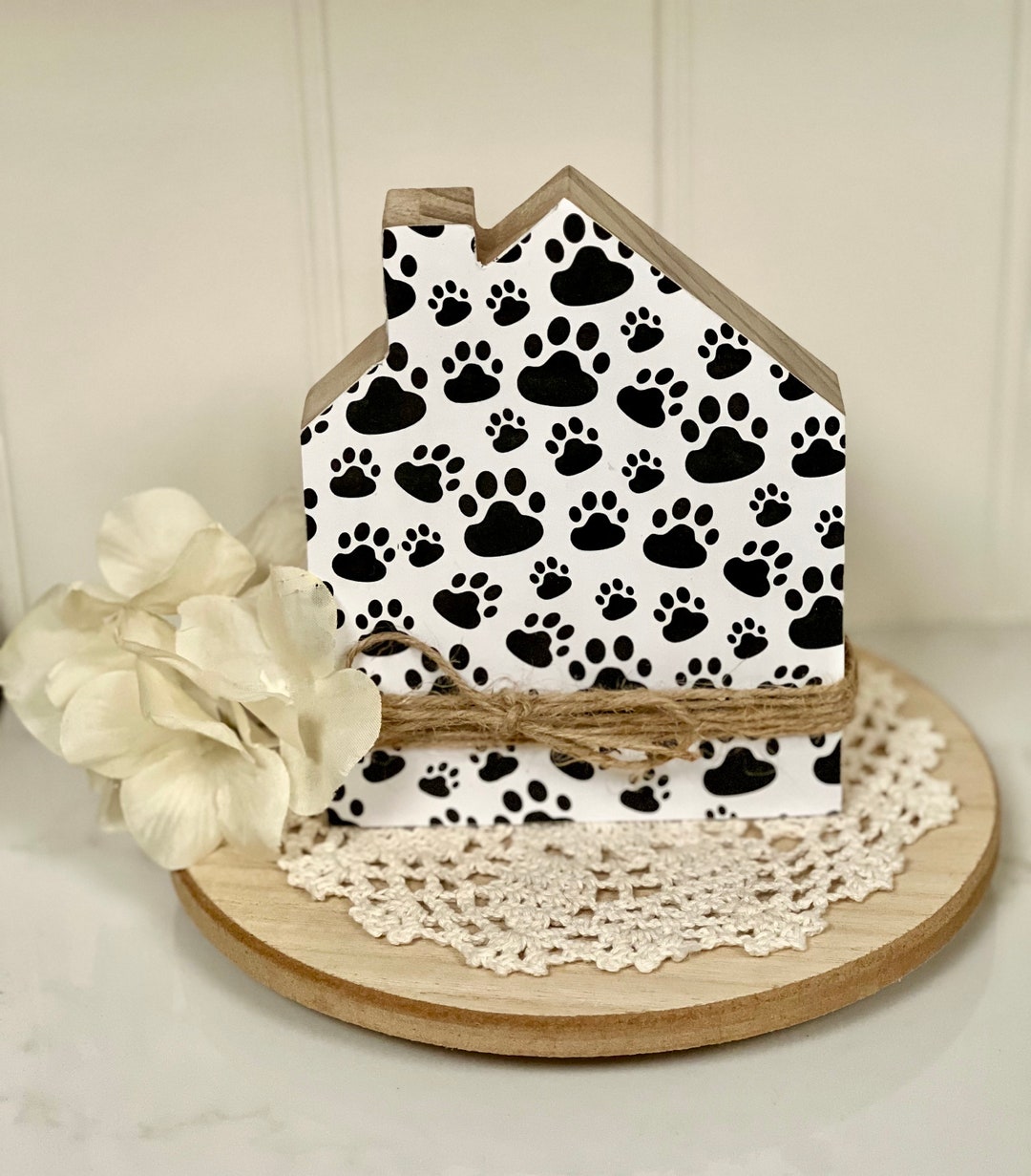 Wood Block Paw Print House, Decoupaged House, Wood Dog House, Rustic ...