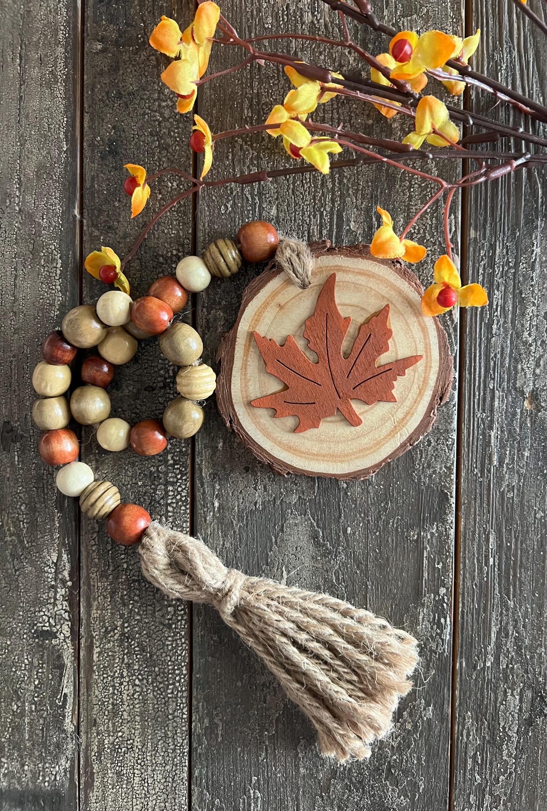 Farmhouse Fall Beaded Garland: Wood Beads With Wood Bark and Leaf - Etsy