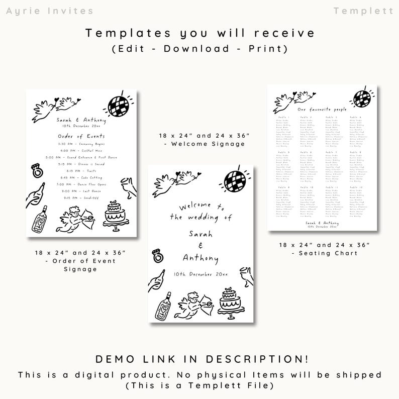 Whimsical Wedding Templates Bundle, DIY Hand Drawn Wedding Stationery ...