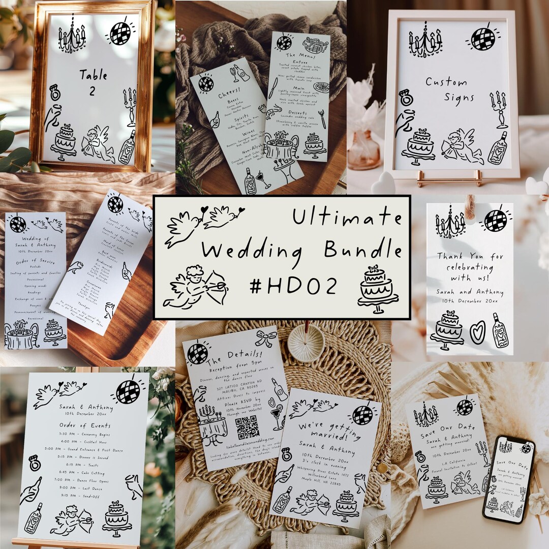 Whimsical Wedding Templates Bundle, DIY Hand Drawn Wedding Stationery ...