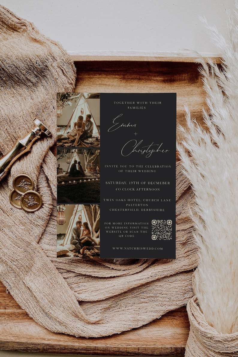 Minimalist Dark Wedding Photo Collage Invitation, QR Code Wedding ...