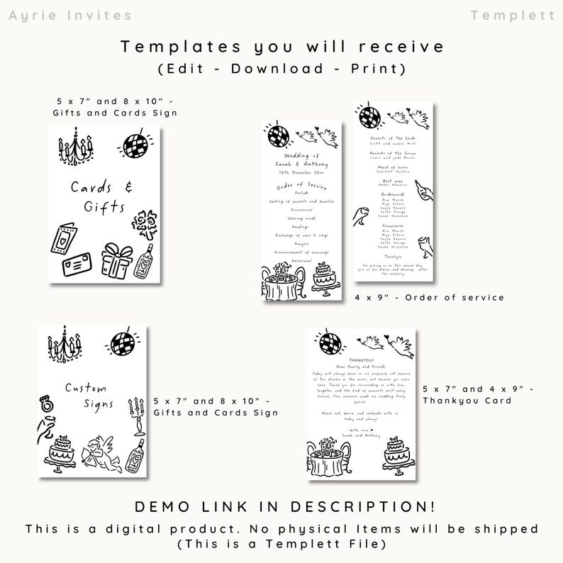 Whimsical Wedding Templates Bundle, DIY Hand Drawn Wedding Stationery ...