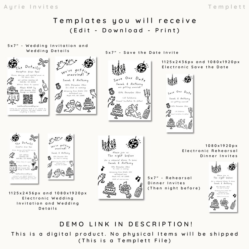 Whimsical Wedding Templates Bundle, DIY Hand Drawn Wedding Stationery ...