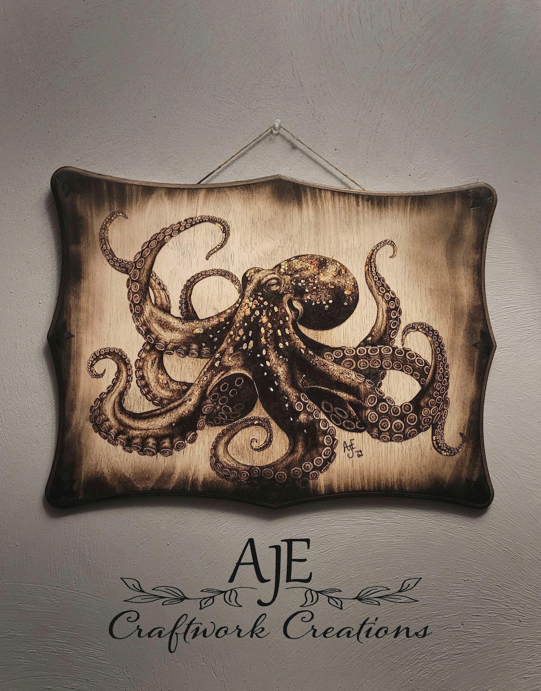 Octopus Pyrography, Wood Burning of Octopus, Rainbow Foil Flakes ...