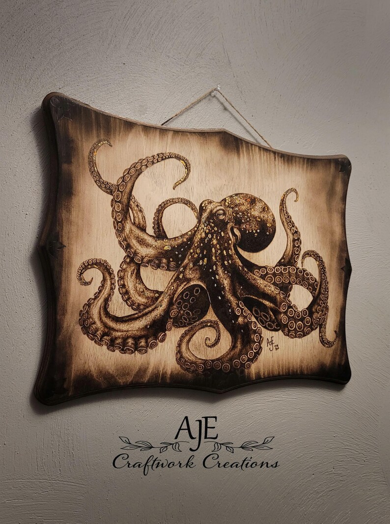 Octopus Pyrography, Wood Burning of Octopus, Rainbow Foil Flakes ...