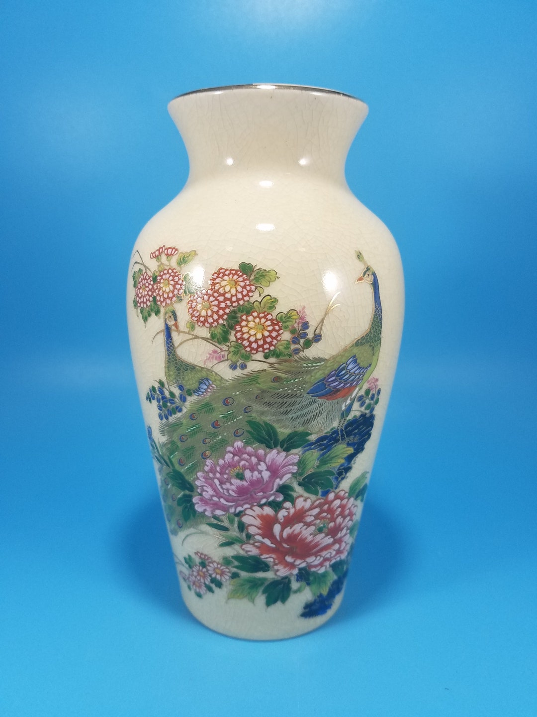 Vintage Made in Japan Vase Crackle Glaze Floral Peacocks Birds Gold ...