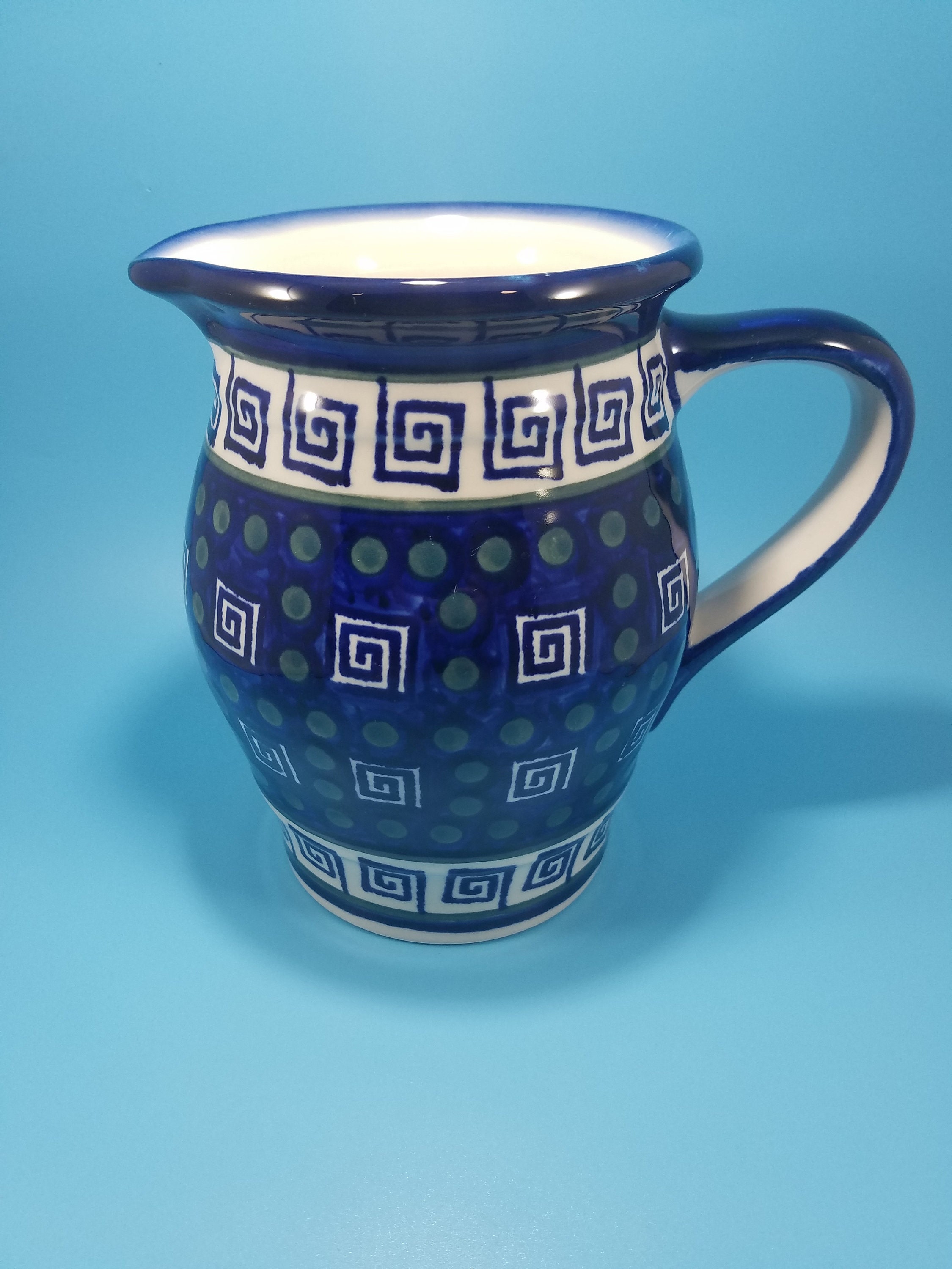 Vintage Boleslawiec Polish Art Pottery Blue Greek Key 7” Pitcher 46 Oz ...