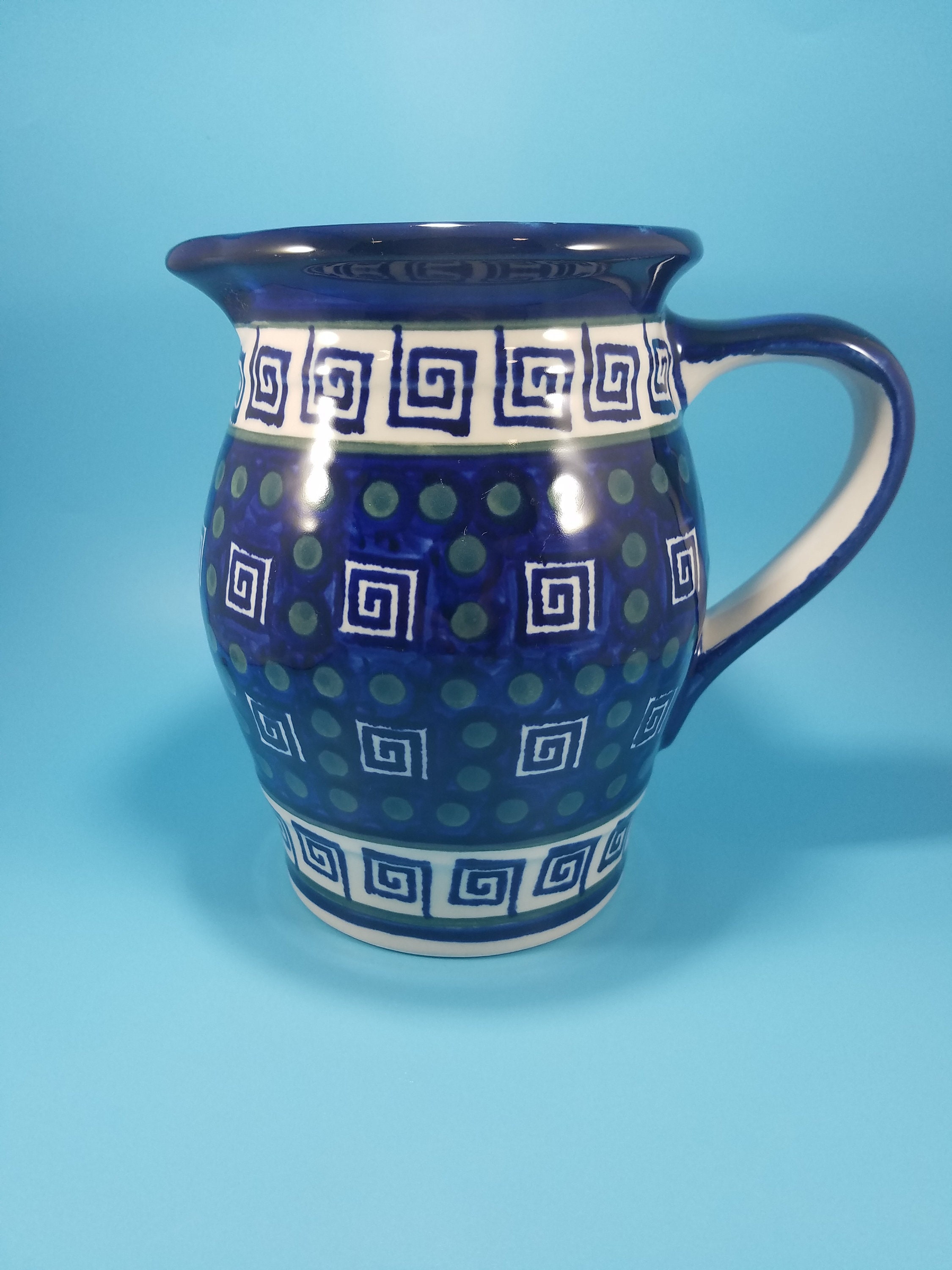 Vintage Boleslawiec Polish Art Pottery Blue Greek Key 7” Pitcher 46 Oz ...