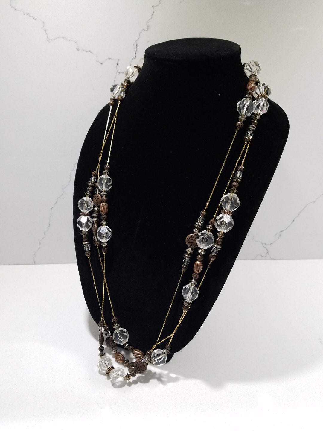 DABBY REID Designer Extra Long Single Strand Brass & Faceted Clear Bead ...