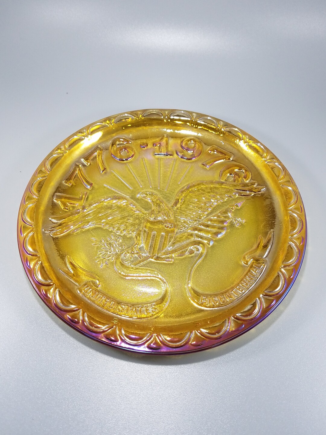 Vintage Indiana Carnival Glass Amber Plate Bicentennial 1776-1976 Eagle ...