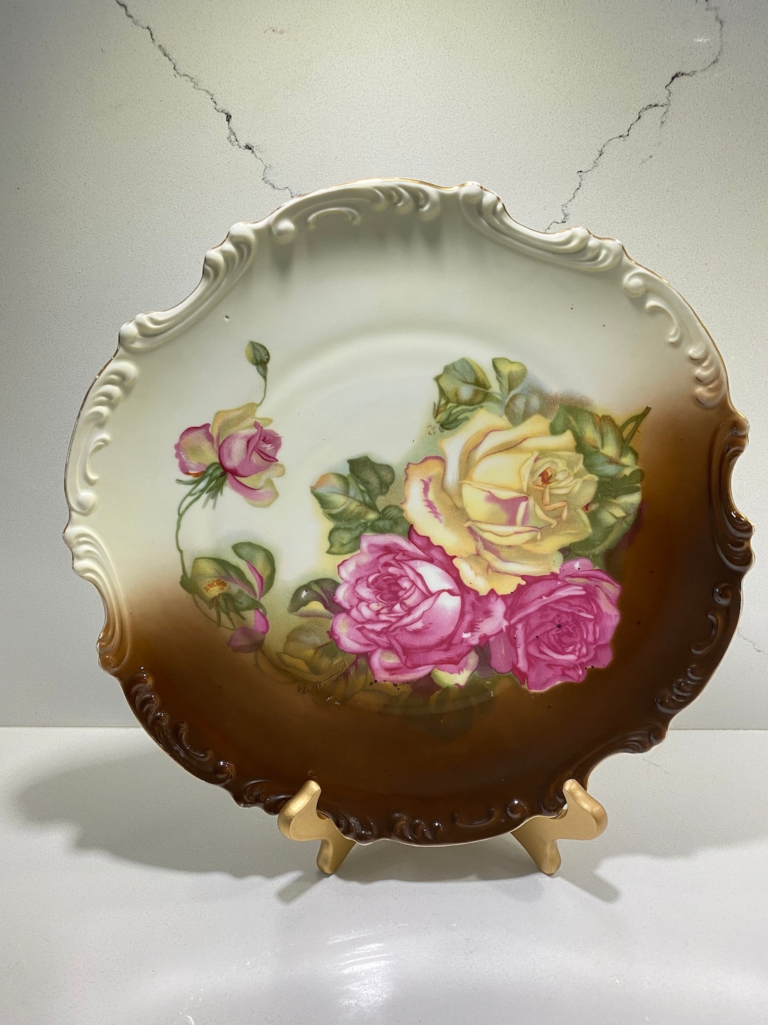 Antique C. 1880 - 1918 Zeh Scherzer Z.s.&co Bavaria Yellow Pink Roses ...