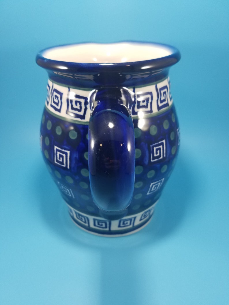 Vintage Boleslawiec Polish Art Pottery Blue Greek Key 7” Pitcher 46 Oz ...