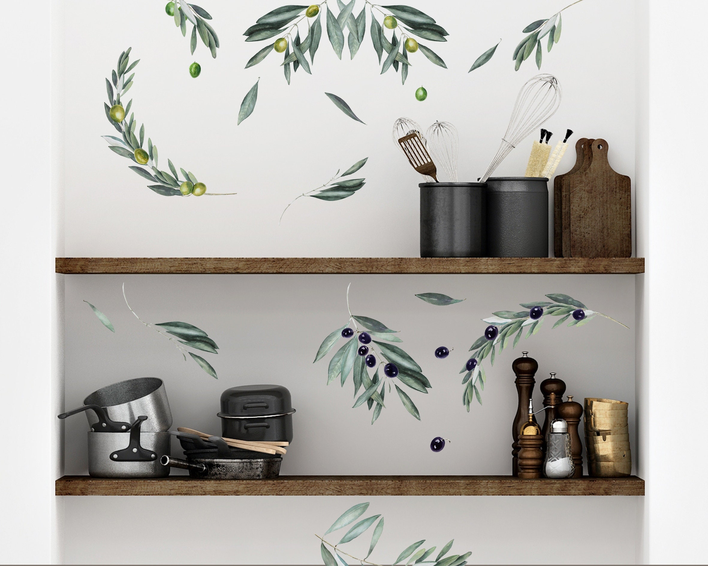 Olive Watercolor Wall Decal Removable Botanical Wallpaper by | Etsy