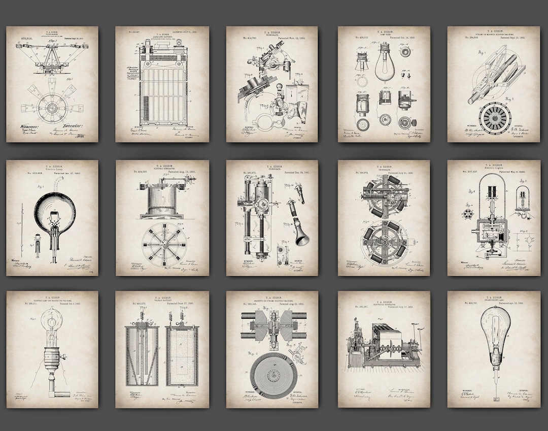 15 Thomas Edison Inventions Patent Posters Electric Machine Blueprint ...