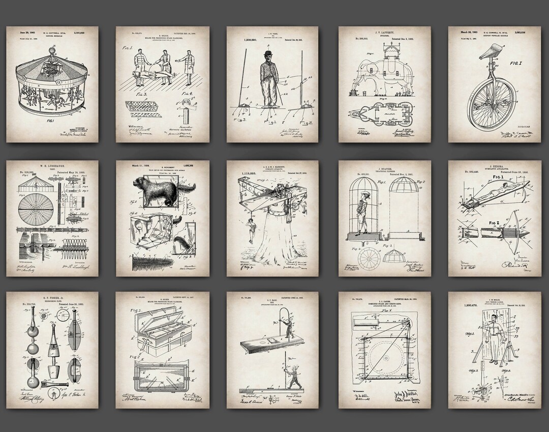 15 Circus Patent Posters Show Blueprint Magic Tricks Scheme Clown ...