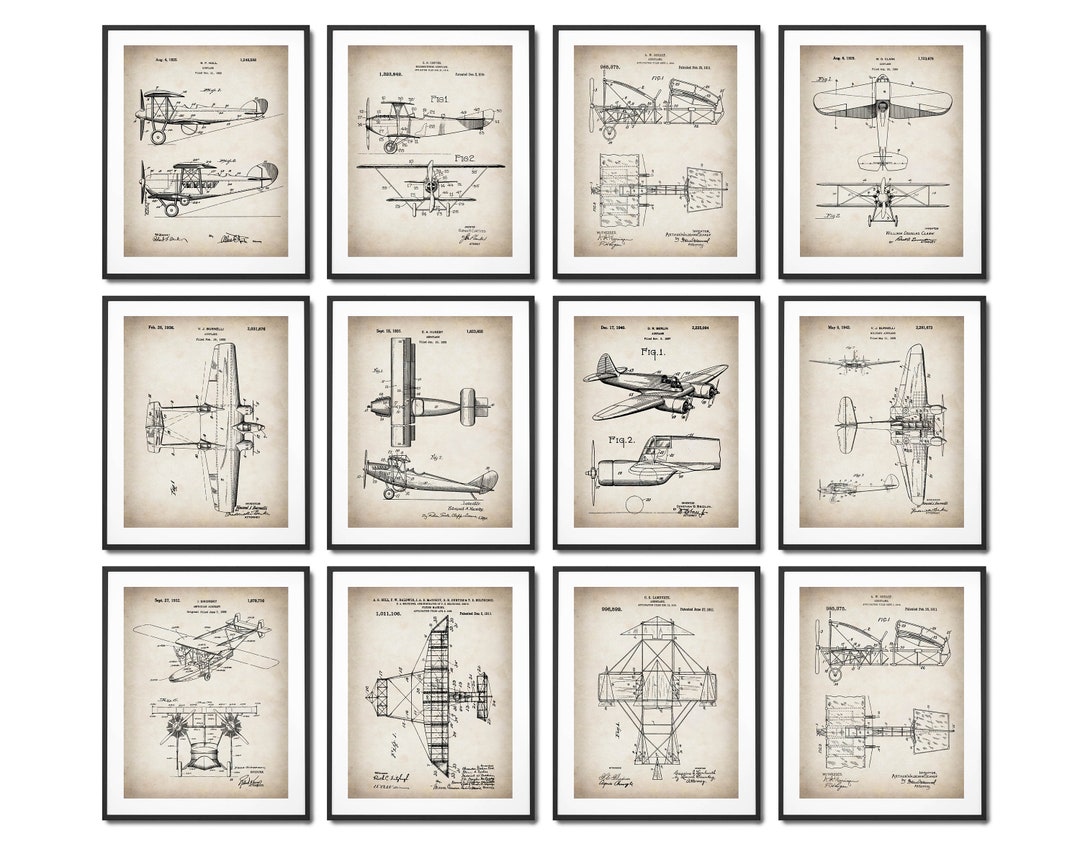 12 First Airplane Patent Prints Plane Blueprint Airship Art Aviation ...