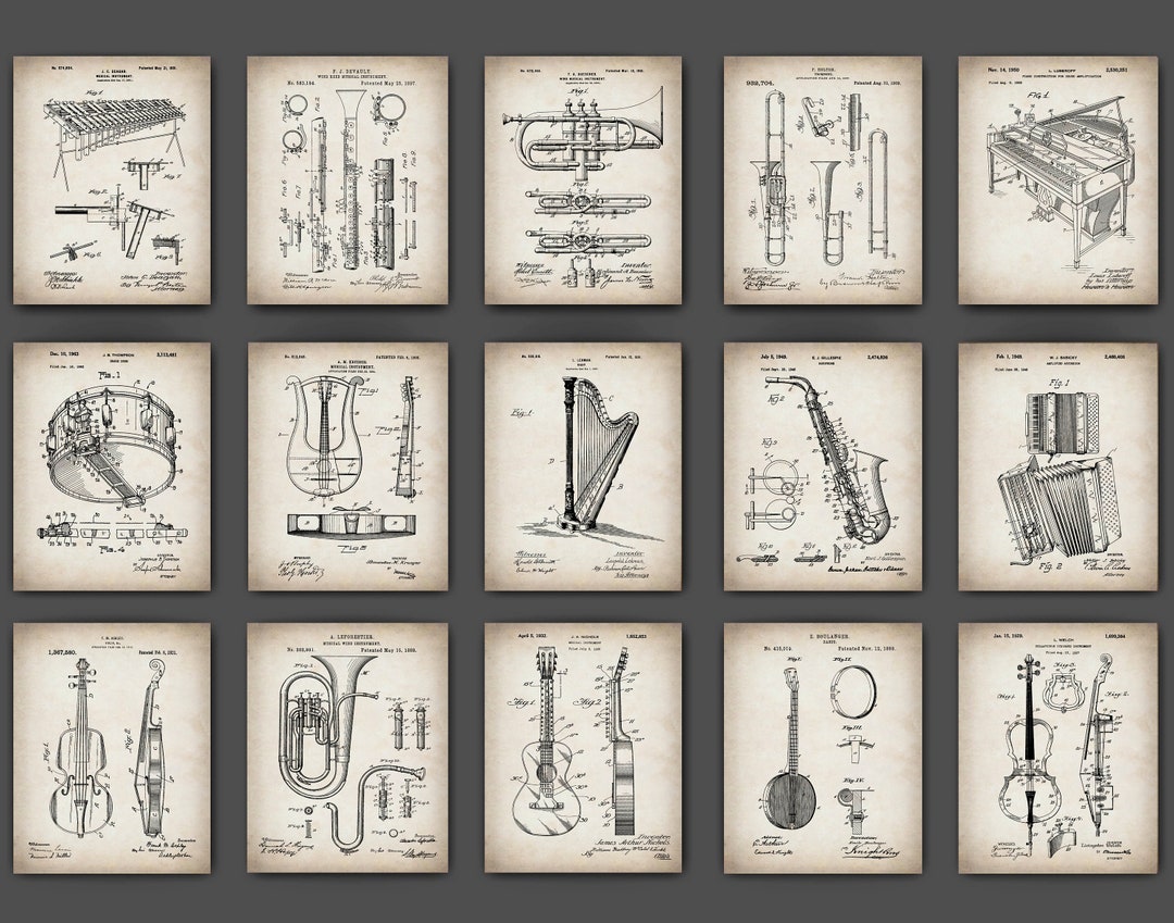 15 Vintage Musical Instrument Patent Prints Melodic Tool Blueprint ...