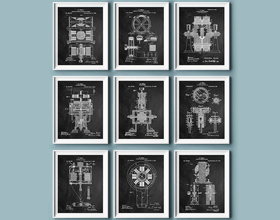 9 Electrician Gift Nikola Tesla Inventions Blueprint Patent Wall Art ...