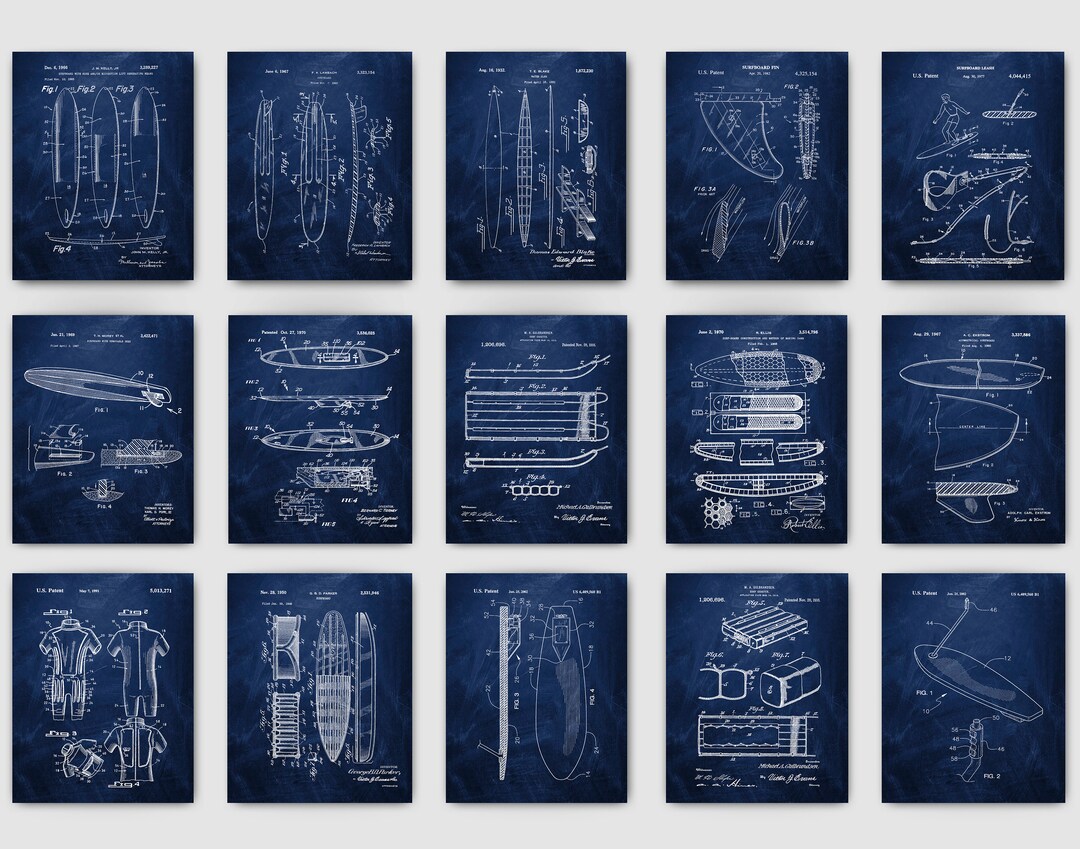 15 Surfing Patent Blueprint Nautical Poster Surfer Gift Beach Art Sport ...