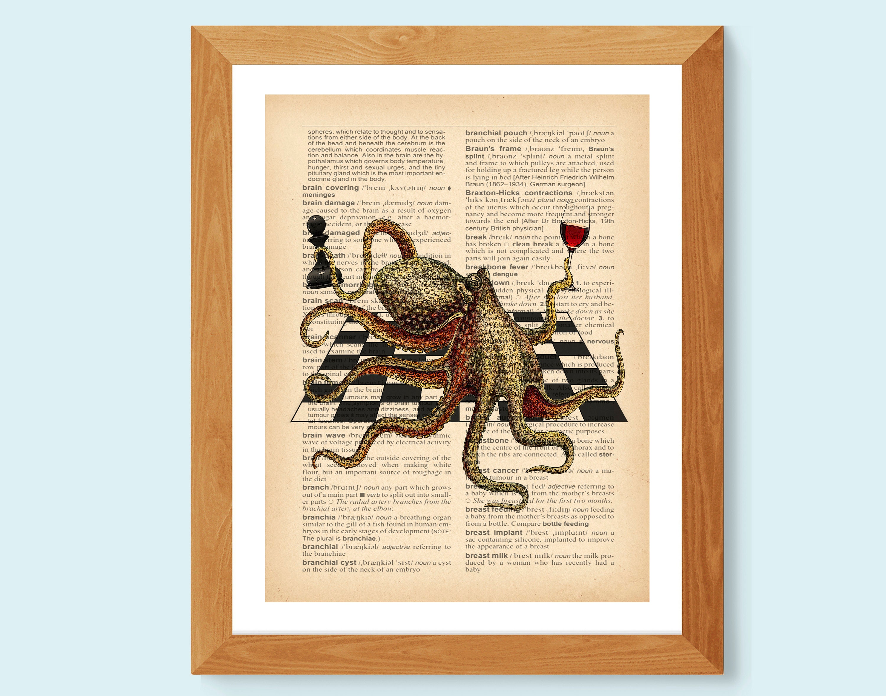 Octopus plaing chess art Vintage poster Dictionary art Sea | Etsy