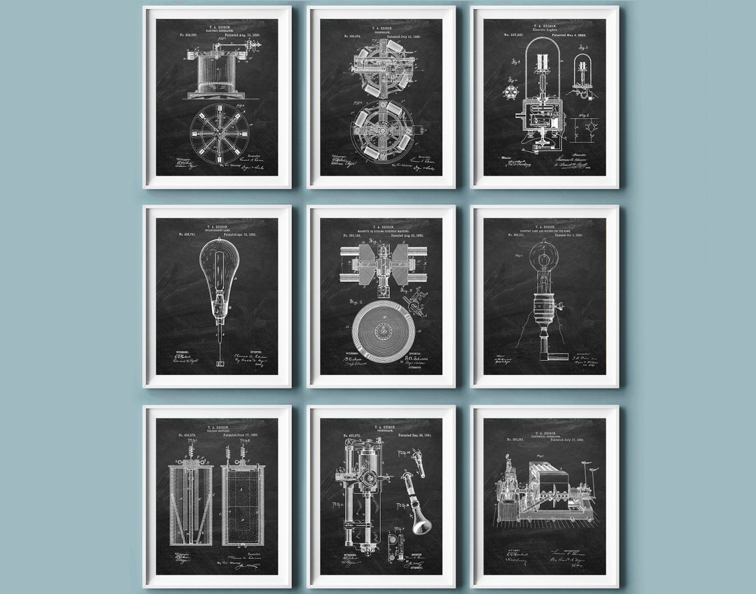 9 Electricity Artwork Thomas Edison Inventions Blueprint Patent Drawing ...