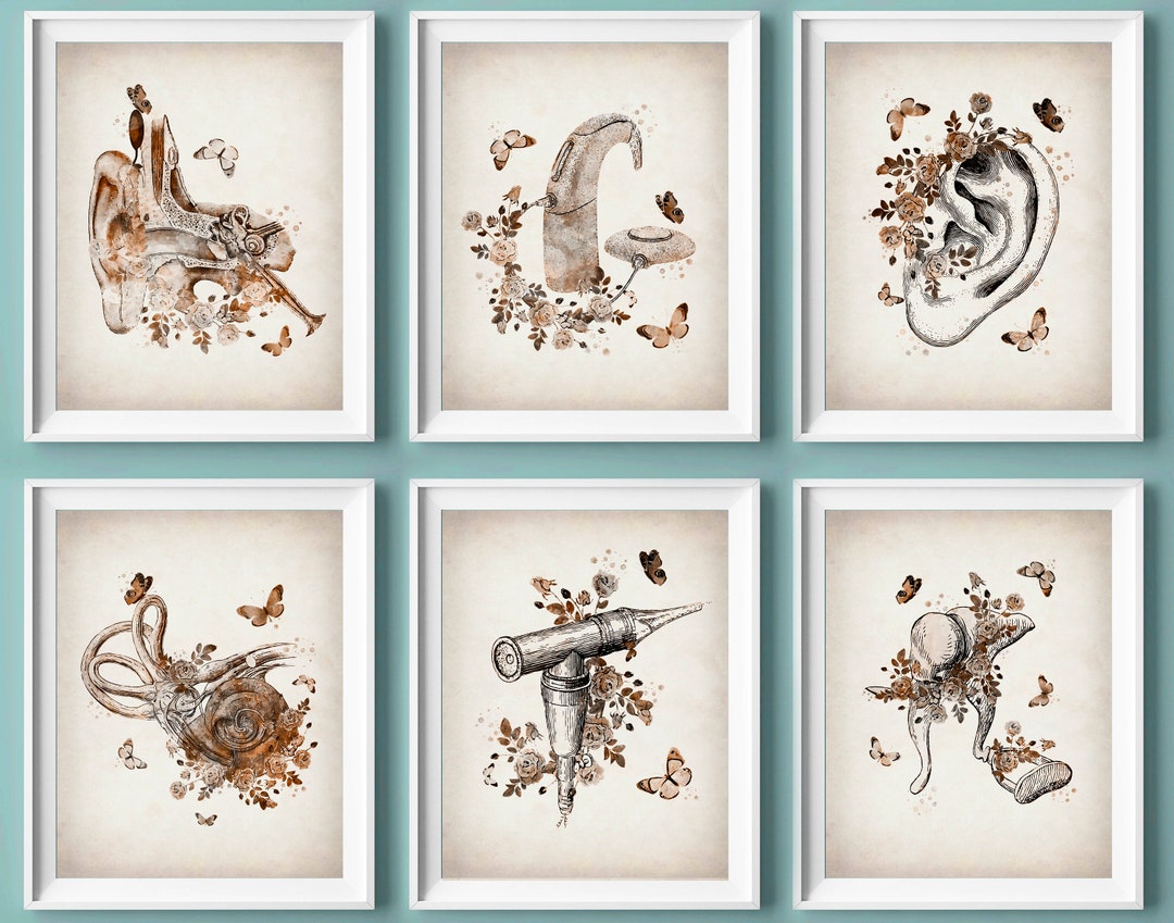 6 Vintage Cochlear Implant Print Ear Anatomy Art Binaural Hearing Aid ...