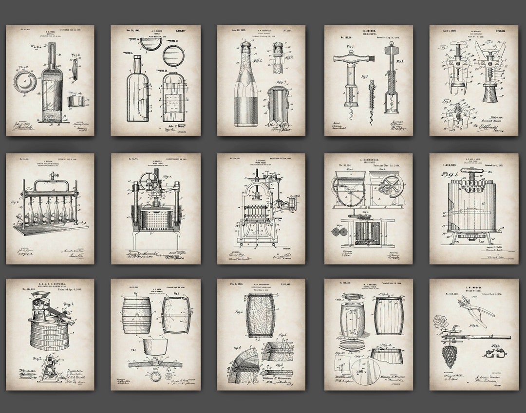 15 Wine Manufacture Patent Posters Sparkling Wine Making Blueprint Wine ...