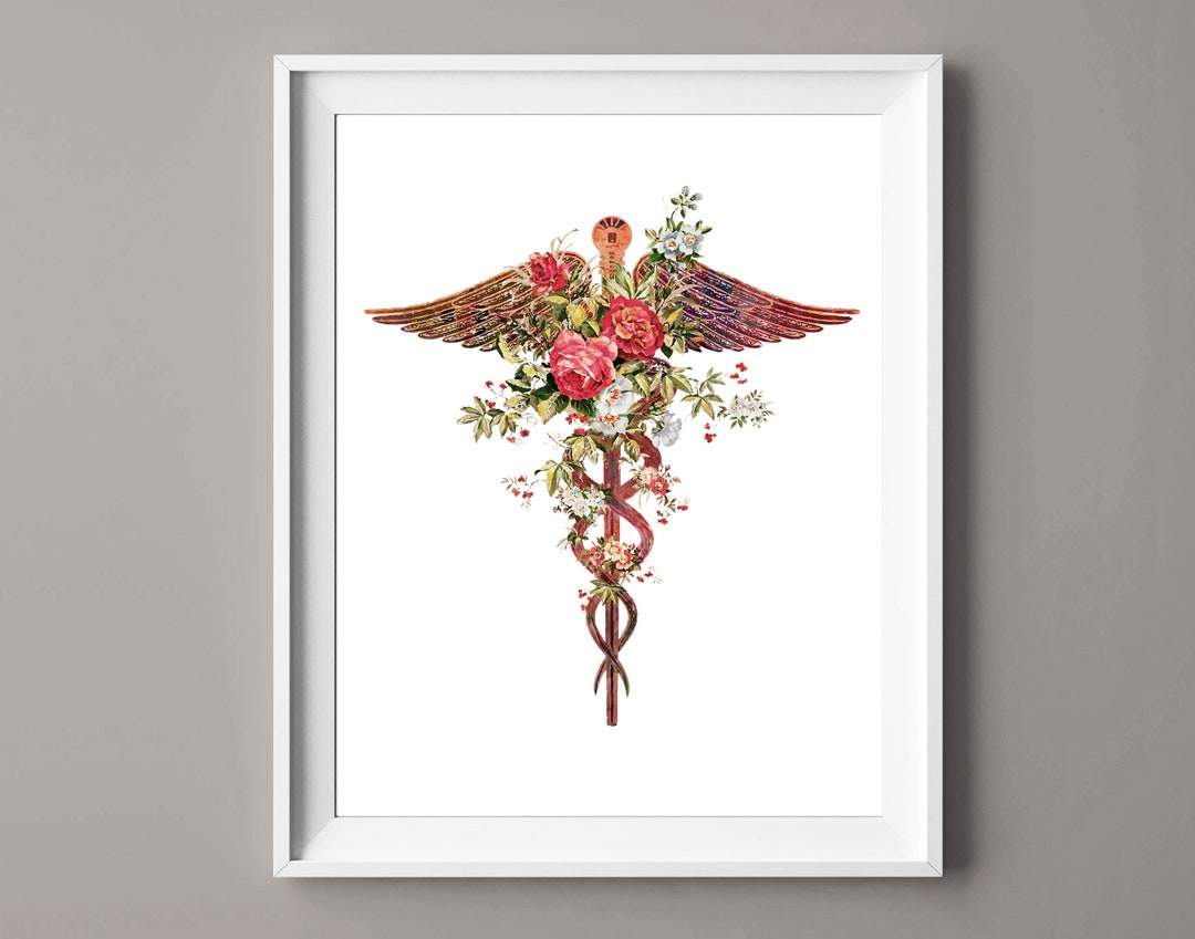 Floral Caduceus Art Med Symbol Artwork Doctor Gift Clinic Staff Gift ...