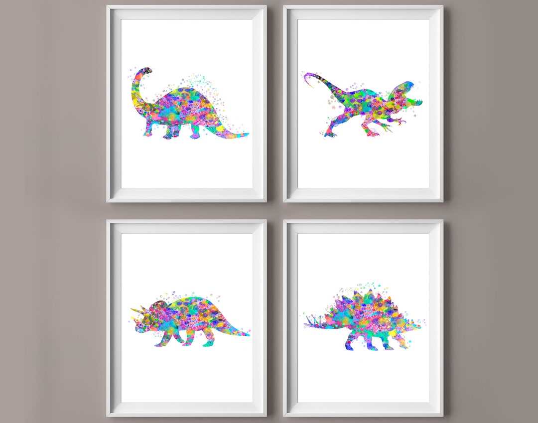 4 Dinosaurs Art, Dinosaur Watercolor, T-rex, Stegosaurus, Brontosaurus ...