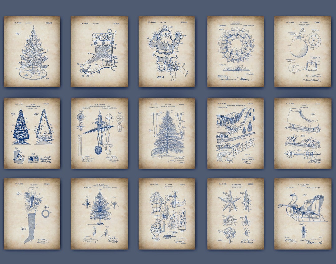 15 Christmas Patent Art Xmas Blueprint Vintage Christmas Wall Decor ...