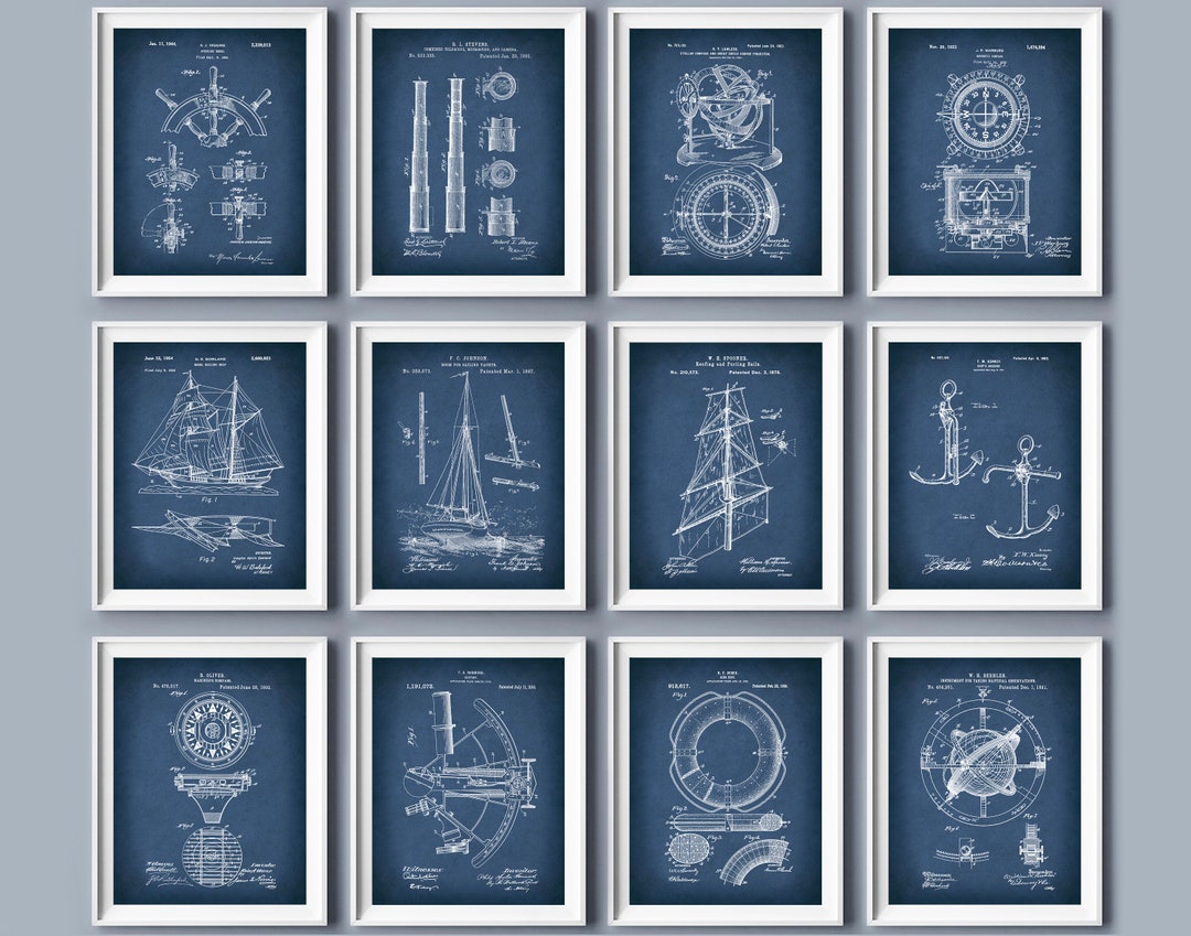 Sailboat Patent Poster Set of 12, Sailing Art Blueprint, Nautical Wall ...