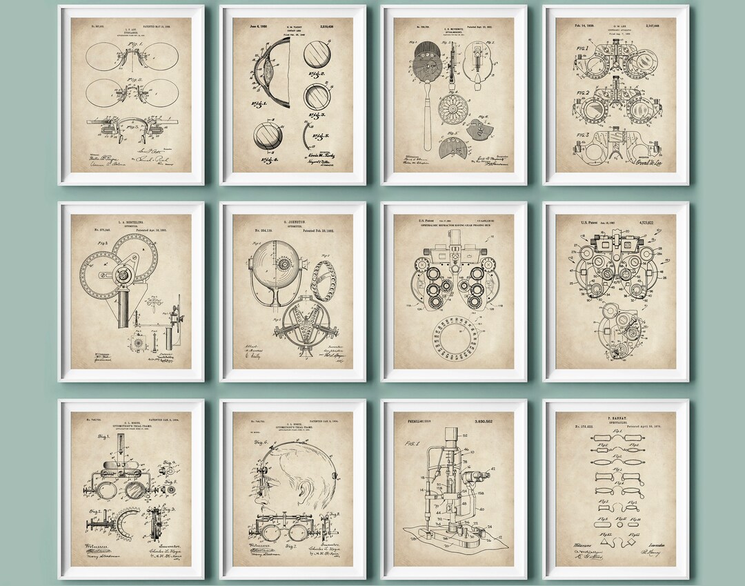 12 Vintage Optometry Patent Art Medical Blueprint Refractor Patent Ophthalmology Art Optometrist ...