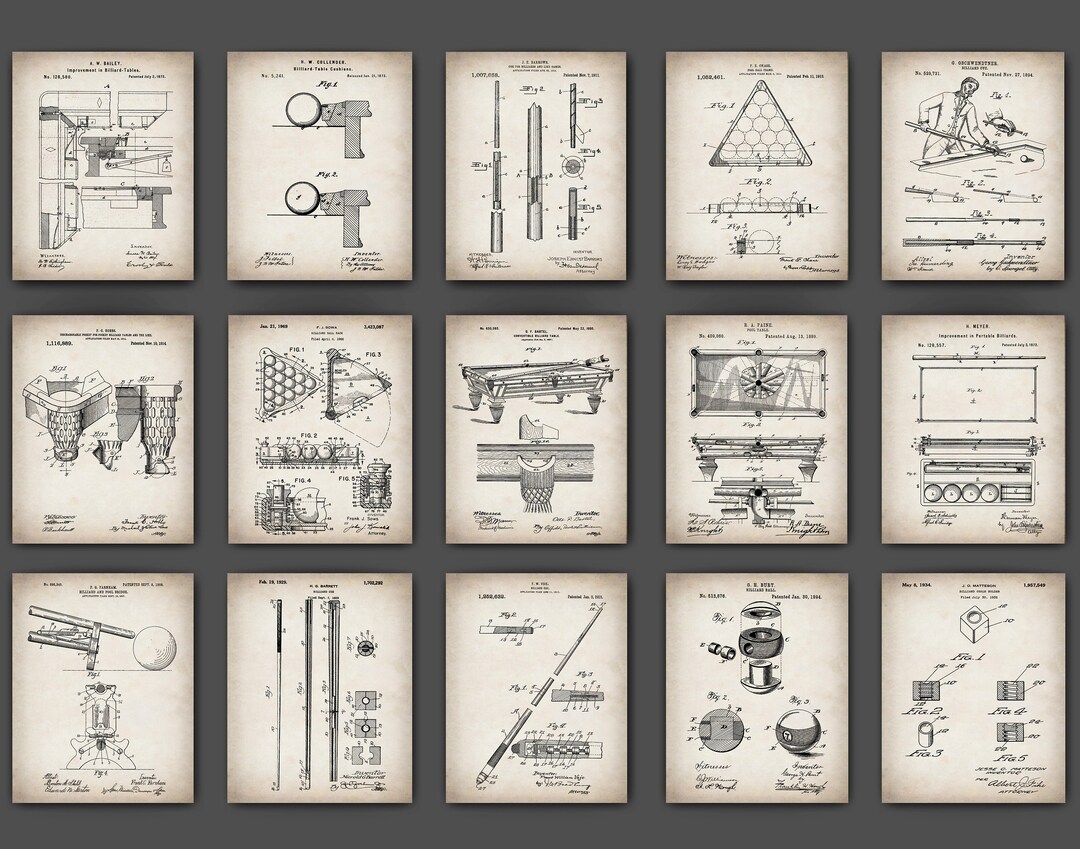 15 Billiard Patent Art Snooker Blueprint Sport Art Pool Art Cue Scheme ...