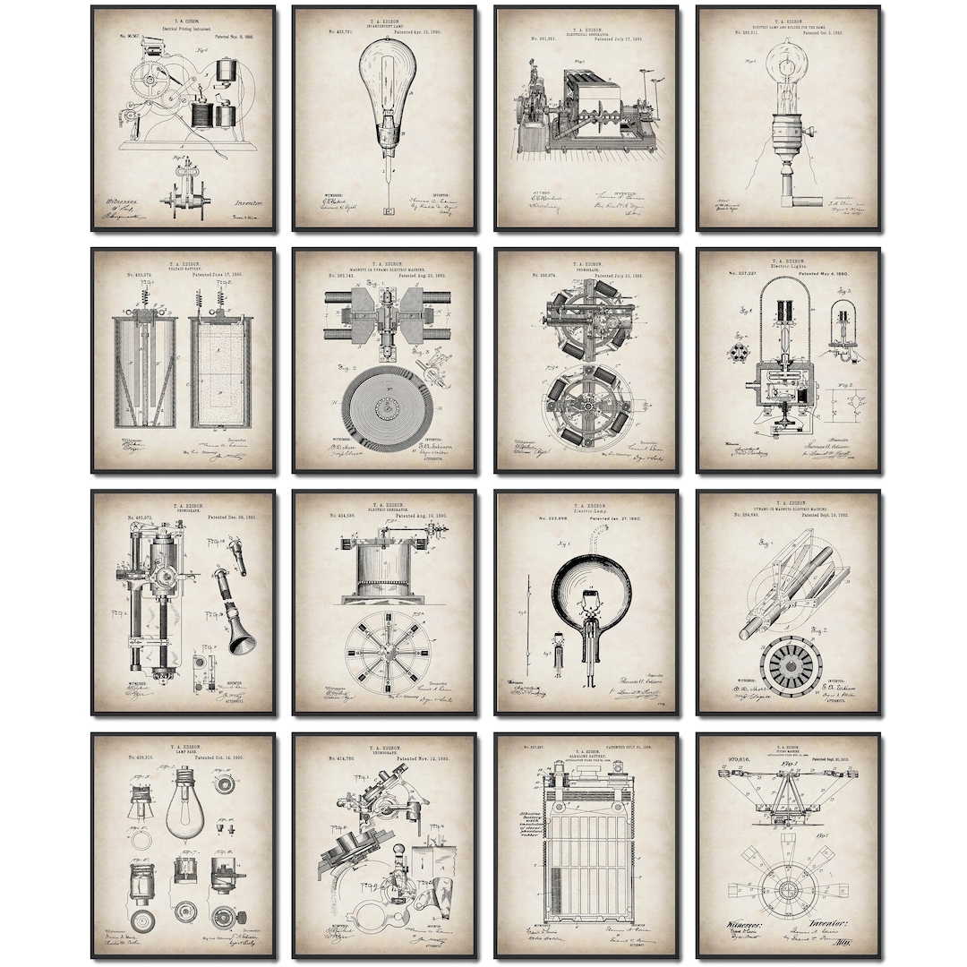 16 Thomas Edison Patent Prints American Invertor Blueprint Electricity ...