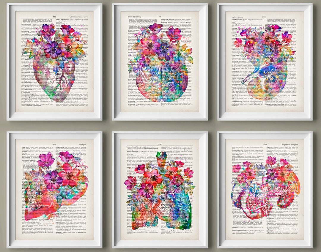 6 Colorful Anatomy Art Floral Medical Artwork Old Dictionary Page ...