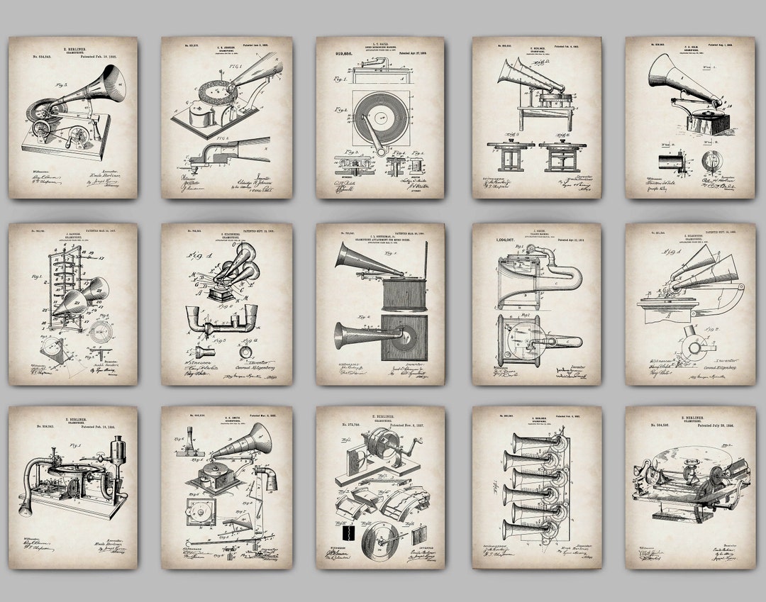 15 Vintage Gramophone Patent Prints Sound Machine Poster Phonograph ...