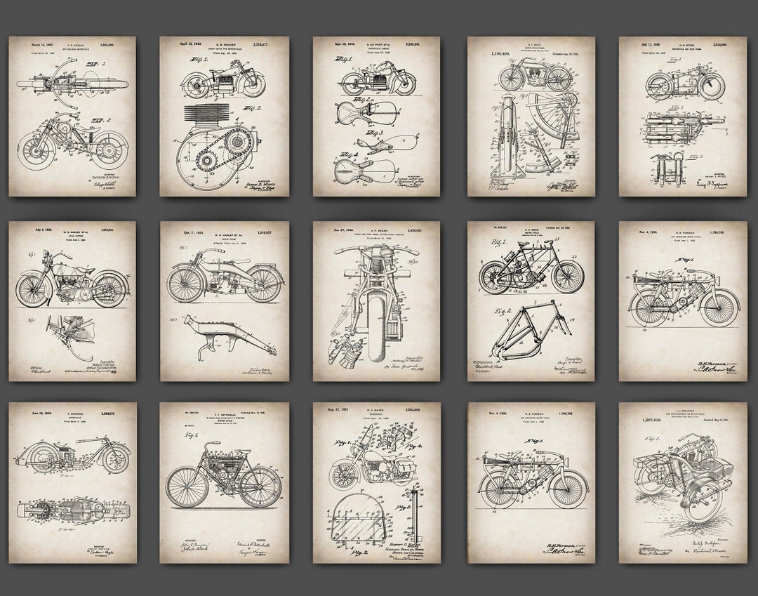 15 Vintage Motorcycle Patent Art Motorbike Blueprint Chopper Scheme ...