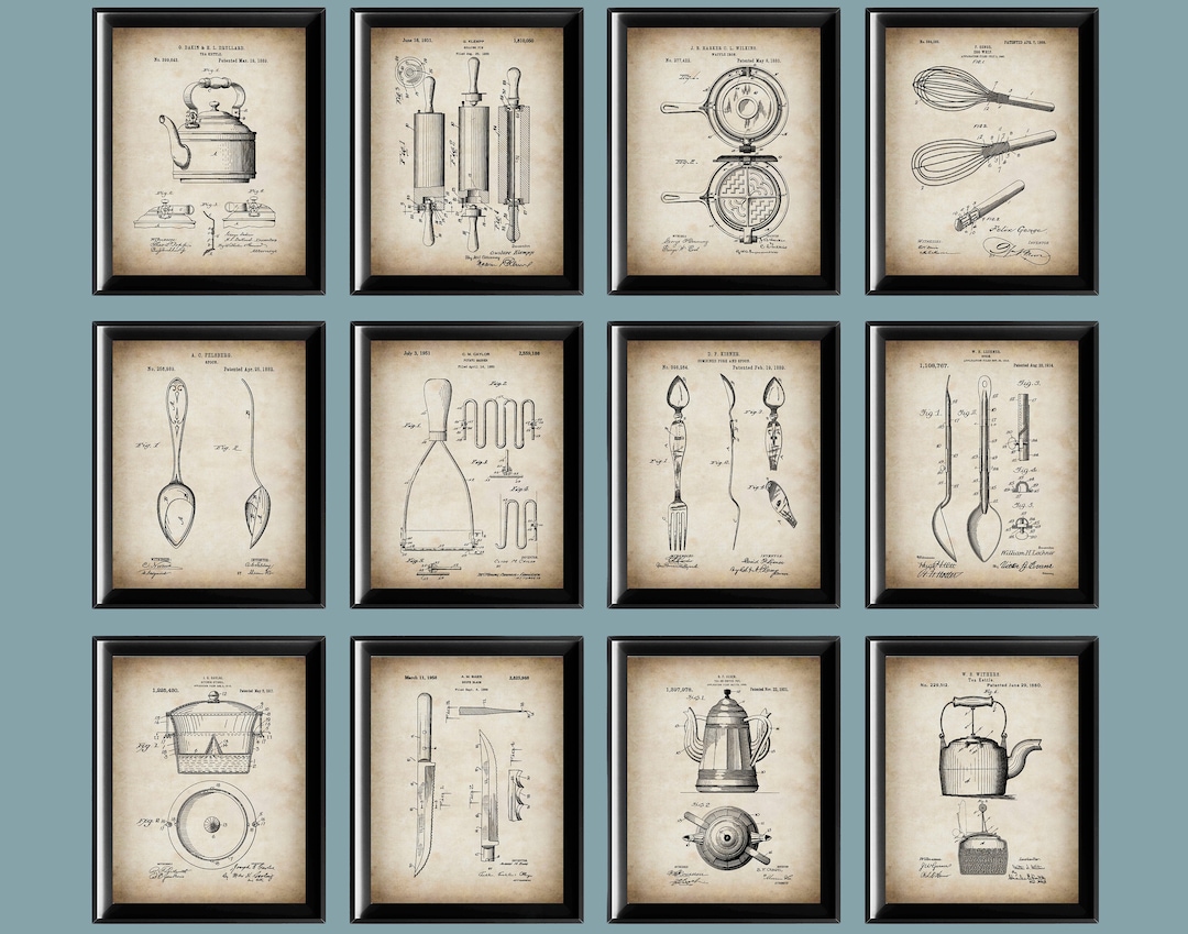 12 Chef Gift Kitchen Patent Posters Cooking Blueprint Culinarian Art ...
