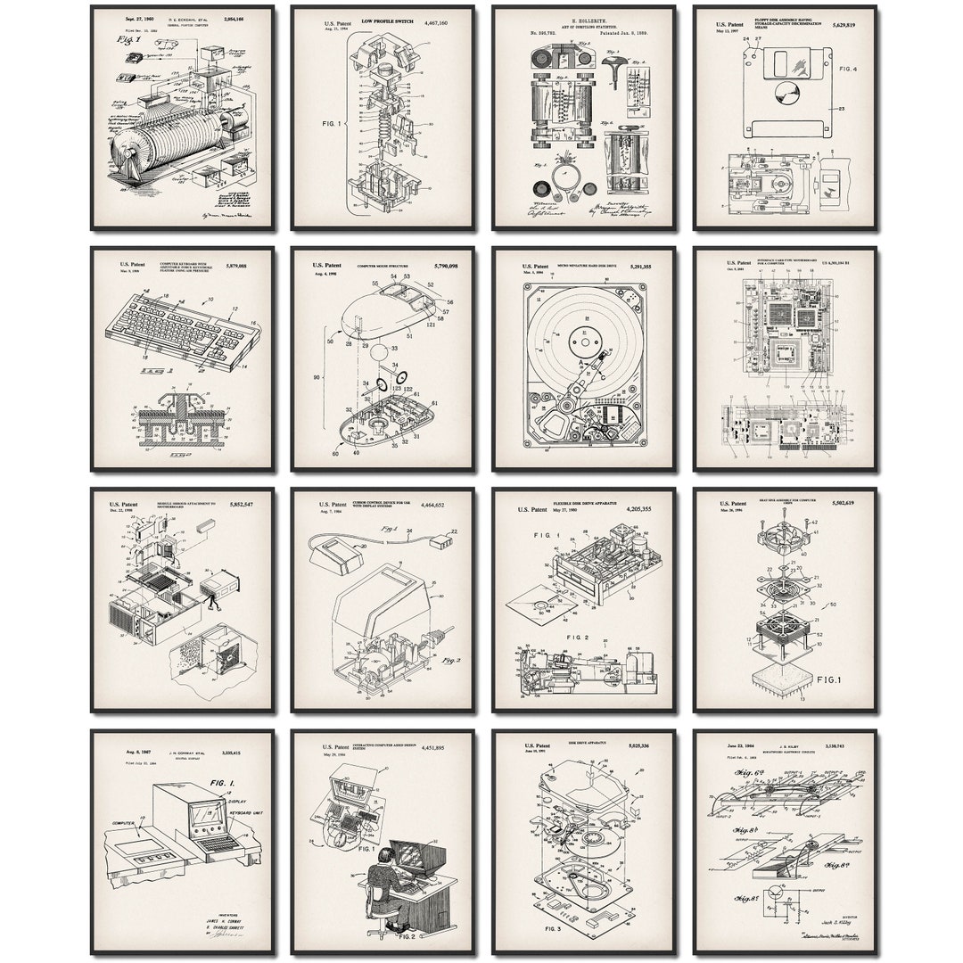 16 Vintage Computer Patent Prints, First PC Blueprint, Retro Desktop ...