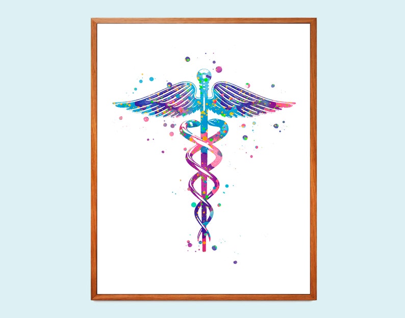 Caduceus watercolor art Medical symbol print Doctor | Etsy