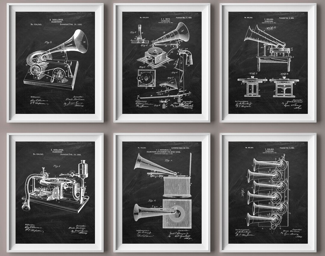 Set 6 Music Art Gramophone Blueprint Patent Art Musician Gift ...
