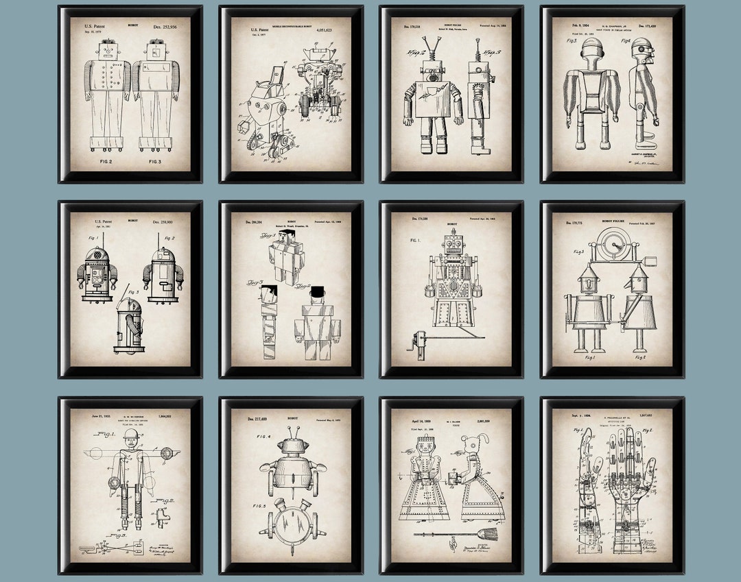 12 Vintage Robotics Patent Posters Bionic Person Blueprint First Robot ...