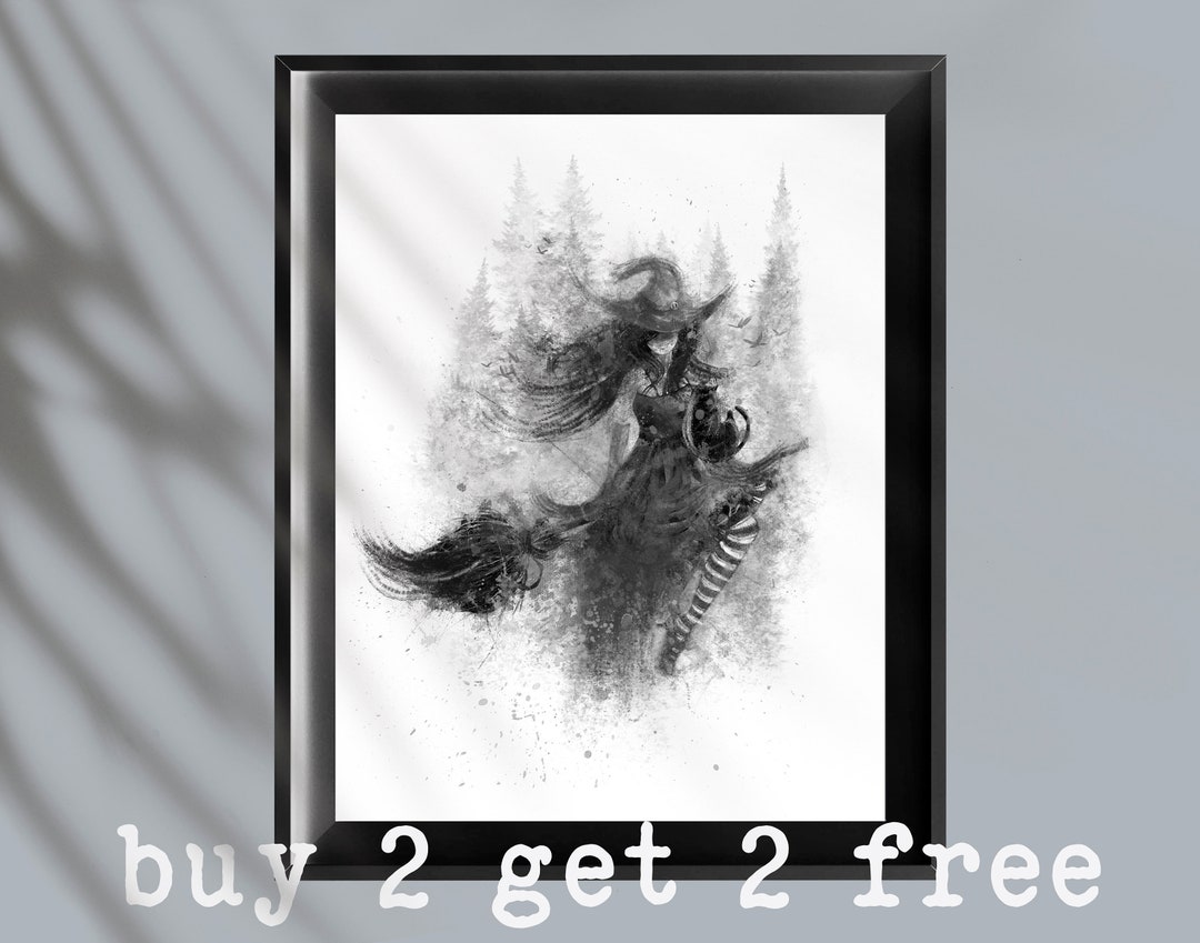 Witch Watercolor Art Witch Flying Poster Halloween Decor Witch's Broom ...