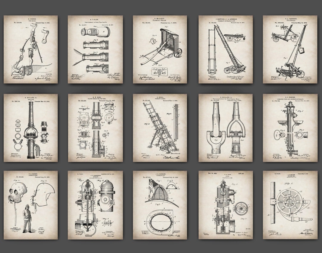 15 Vintage Fire-fighting Equipment Patent Posters First-aid Blueprint ...
