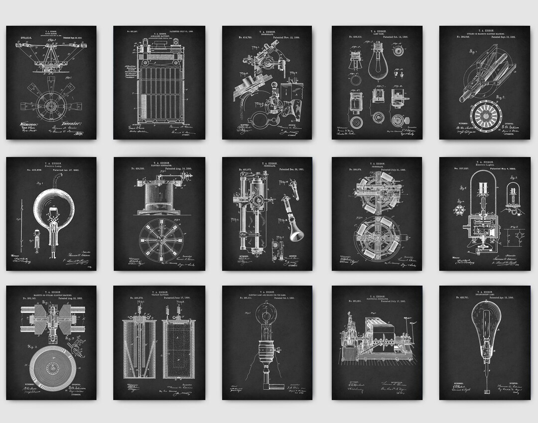 15 Edison Patent Posters Electricity Blueprint Electric Machine Scheme ...