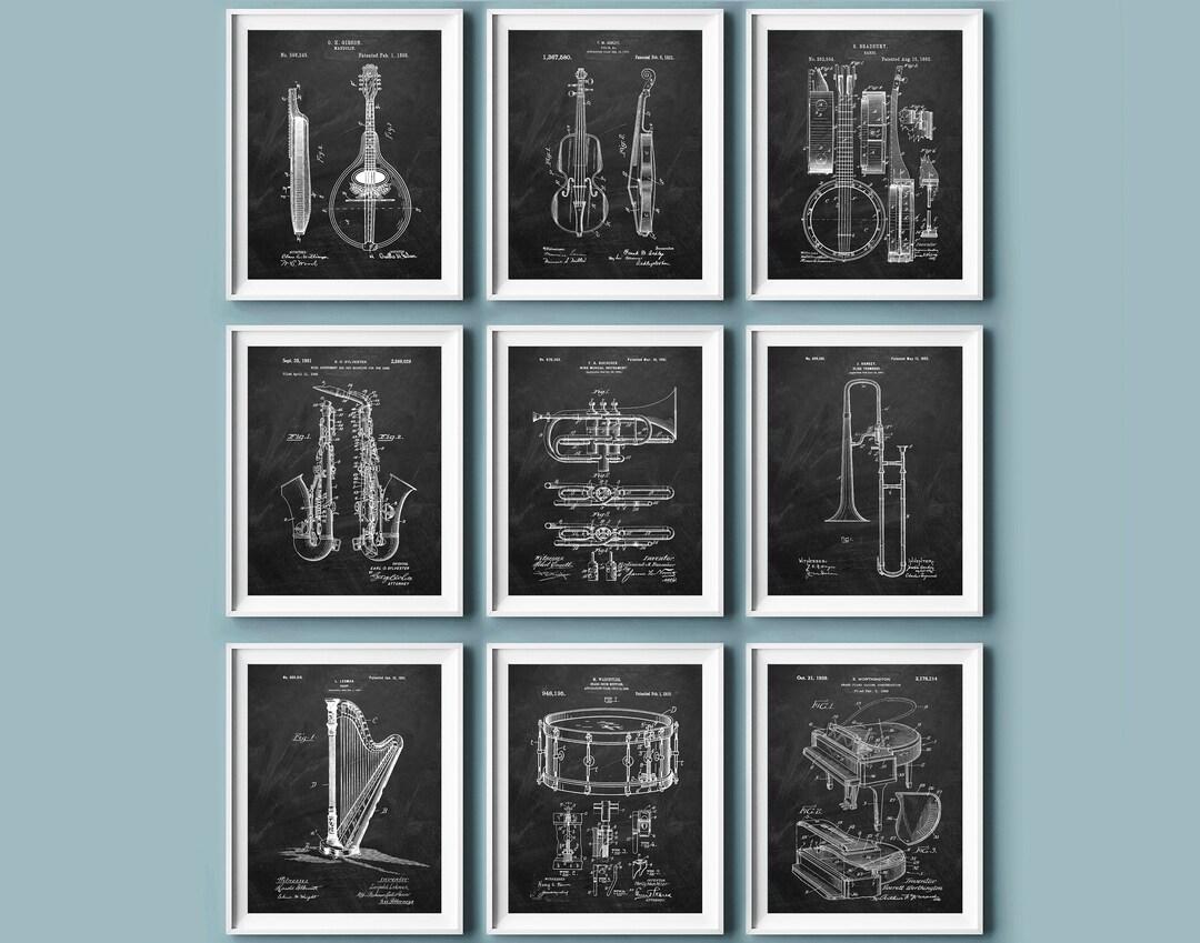 Set of 9 Music Art, Musical Intrument Patent, Musical Blueprint, Wind ...