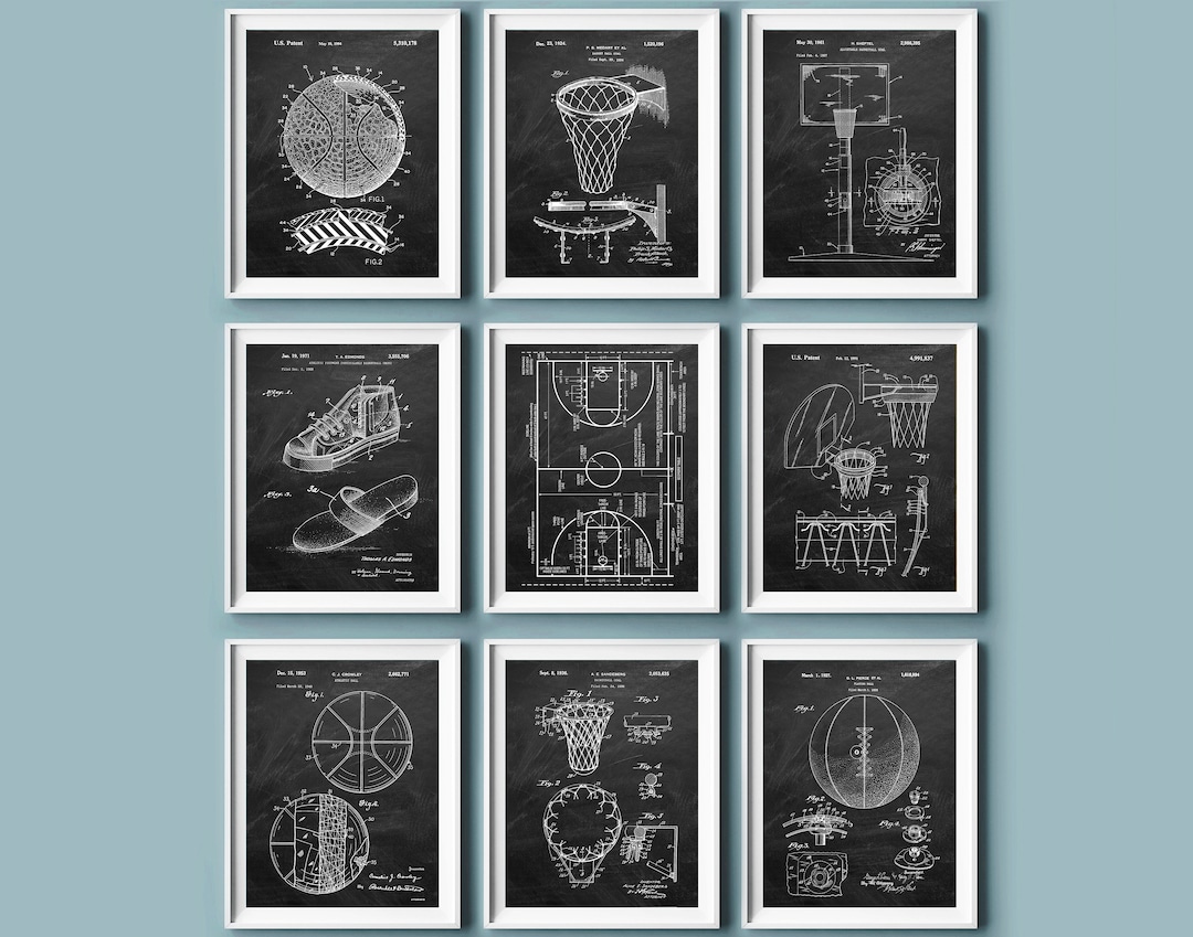 Basketball Blueprint Art Prints: Sports Fan Wall Decor (set of 9 ...