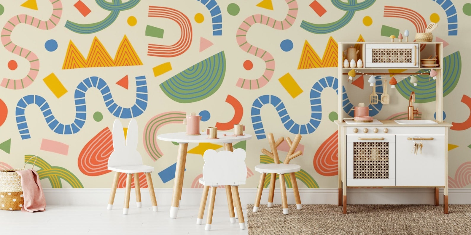 Happy Kids Shapes Wall Mural Nursery,rainbow Color and Different Shapes ...