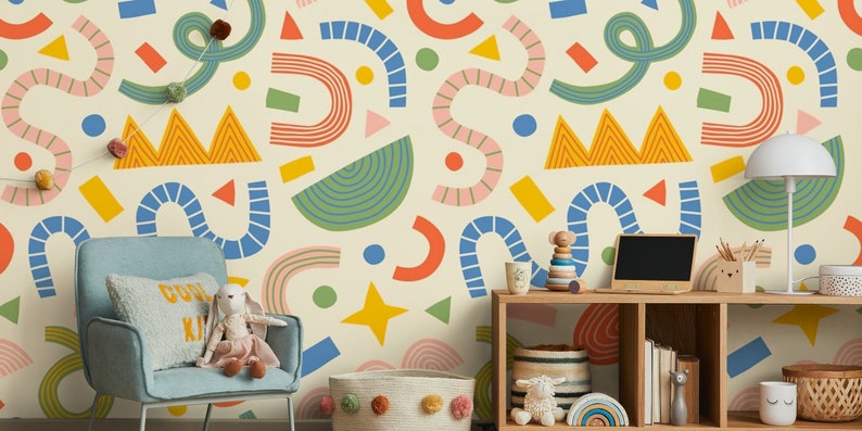 Happy Kids Shapes Wall Mural Nursery,rainbow Color and Different Shapes ...