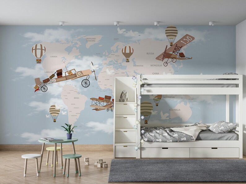 Cartoon World Map Wall Mural Jet Air Planes With Hot Air - Etsy